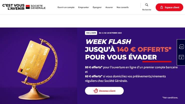 Société Générale : jusqu'à 140 euros pour l'ouverture d'un compte courant